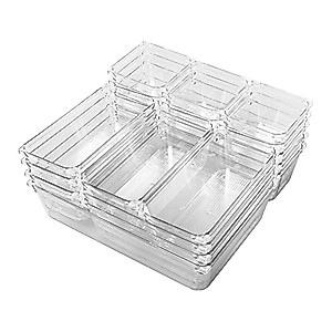 Modern-Depo 16 PCS Plastic Drawer Organizer Storage Bins Clear Drawer Dividers Trays for Makeup, Jewelry, Kitchen Untensils, Gadgets, Office, 5 Sizes