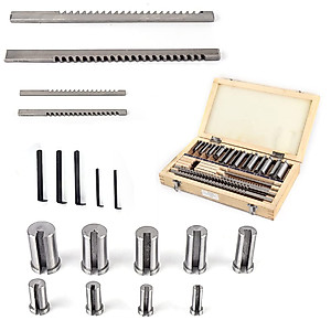 18Pcs Keyway Broach Kit Inch Size, HSS Keyway Broach Kit Ferrule Bushing Gasket Set Metal Process 4 Broaches 9 Collared Bushings 5 Shims with Wooden Box