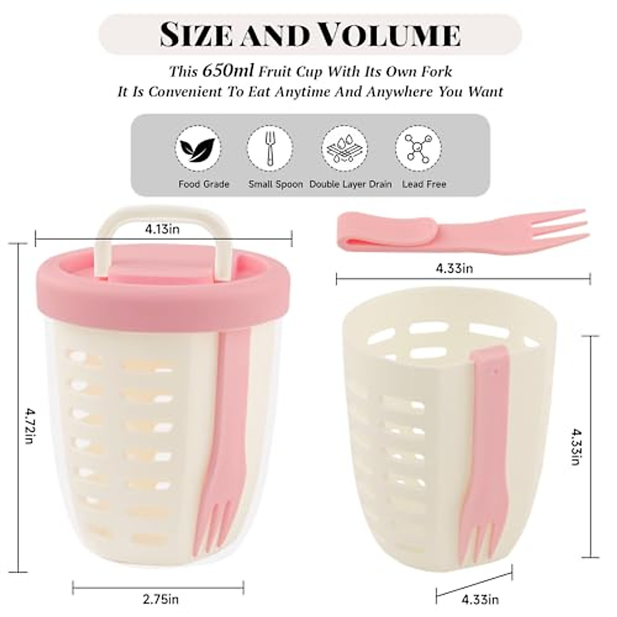 Salad Container for Lunch with Fork, Fruit cups with Lid and Handle, Fruit Storage Containers for Fridge Keep Fresh, 22 oz Food Storage Container Set BPA-Free for Kitchen, Office, Party, Camping