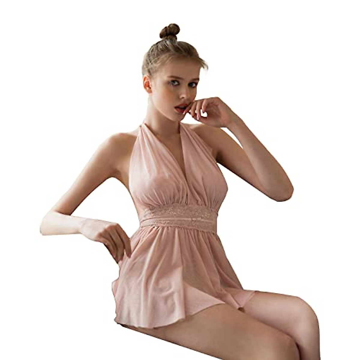 Women Sexy Babydoll Lingerie Dress, Pleated Mini Lingerie Dress Chemise Sleepwear Deep V Lace Sheer Mesh Halter Dress (5-Pink, XL)