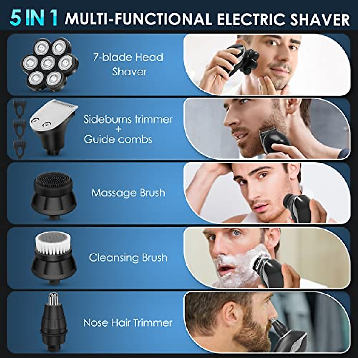 Head Shavers for Bald Men, Lighwode Waterproof 7D Blad Head Shaver Wet/Dry Anti-Pinch 5 in 1 Cordless LED Electric Razor Grooming Kit with Hair Clippers Beard Trimmer Nose Trimmer Cleansing Brush