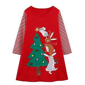 Toddler Girl Christmas Dress Long Sleeve Cotton Casaul Red Applique Playwear Shirt Jersey Party Dresses 4T