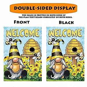 BUYITO Welcome to Our Bee Garden Flag, Gnome Spring Summer Farmhouse Fall Yard Outdoor Daisy Decoration Vertical Double Sided Garden Banner Floral Hive Farmhouse Burlap Outdoor Welcome Flag 12 x 18 Inch