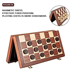 AMEROUS 15 Inches Magnetic Wooden Chess & Checkers Set (2 in 1) - Folding Board -Gift Box Packed -24 Cherkers Pieces -2 Extra Queens - Chessmen Storage Slots, Beginner Chess Set for Kids and Adults