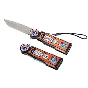 Route 66 Folding Pocket Vintage Gas Pump Knife, Stainless Steel Blade, Woven Black String Attached, Good for Camping Hunting Survival Indoor and Outdoor Activities Gift for Any Occasion (Orange)