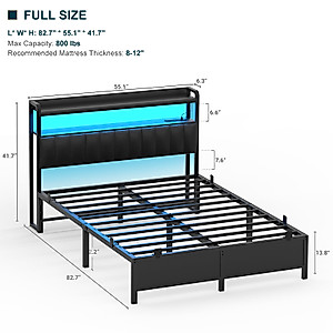 Homieasy Full Size Bed Frame with Charging Station, Adjustable Upholstered Faux Leather Headboard, Industrial Platform Bed with LED Lights, Steel Slat Support, No Box Spring Needed, Black