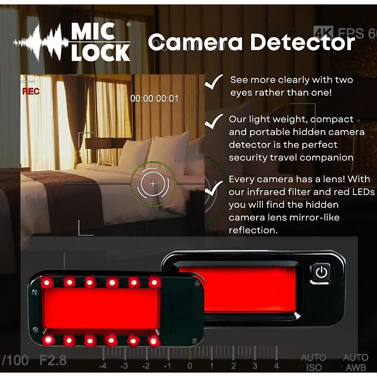Mic-Lock Camera Finder - Anti Spy Hidden Camera Detector - Secure Business Meetings, Hotels & Vacation Rentals (Black)