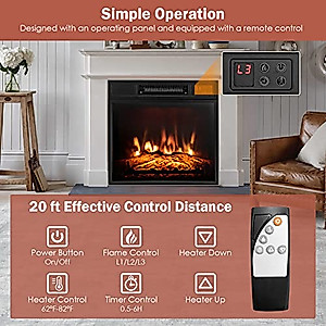 COSTWAY Electric Fireplace Insert 18-inch Wide, 1400W Recessed Fireplace Heater with Remote Control, 3 LED Flame Effects, 6H Timer, Electric Fireplace for Bedroom Home Office Indoor Use, Black