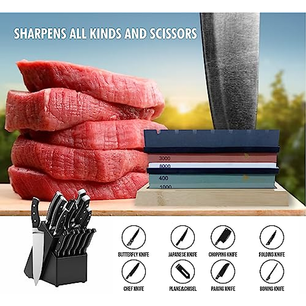 Parichan’ Professional Knife Sharpening Stone Kit – Premium 4 Grit 400/1000/3000/8000 Whetstone with Flattening Stone, Cut Resistant Glove, Bamboo Base, Fixed Angle, Angle Guide, Leather Belt