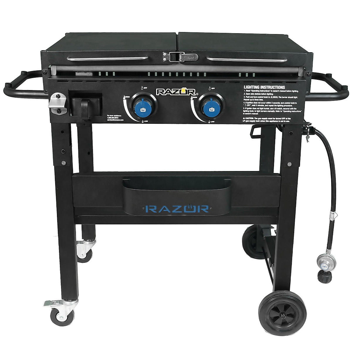 Razor Griddle Portable 2-Burner 30,000 BTU Gas Flattop Grill & Griddle Combo Cart with Foldable Side Shelves, Paper Towel and Condiment Holder, Black