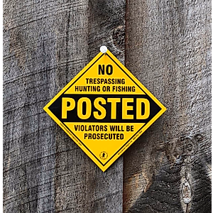 No Trespassing, No Hunting, No Fishing, Boundary Marker, Small, Diamond, Aluminum, Yellow, 10 Pack