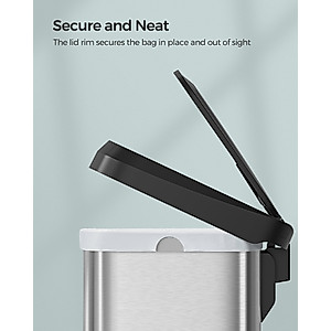 SONGMICS Kitchen Trash Can, 13-Gallon Stainless Steel Garbage Can, with Stay-Open Lid and Step-on Pedal, Soft Closure, Tall, Large and Space-Saving, Silver and Black ULTB530E50