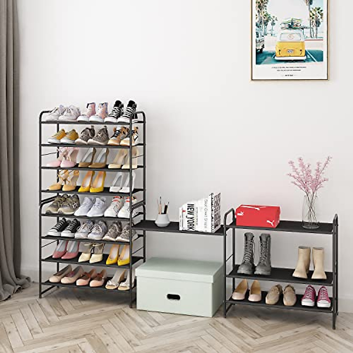 Simple Trending 4-Tier Stackable Shoe Rack, Expandable & Adjustable Fabric Shoe Shelf Storage Organizer, Black