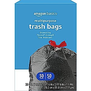 Amazon Basics Flextra Multipurpose Drawstring Trash Bags, 30 Gallon, 50 Count