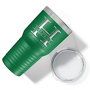 Personalized 30oz (17 Colors) Powder Coated Insulated Stainless Steel Tumbler with Lid, Custom Etched, Customized Engraved Gift Idea for Women Men Her Him, Halpert Monogram Initial Name (Green)