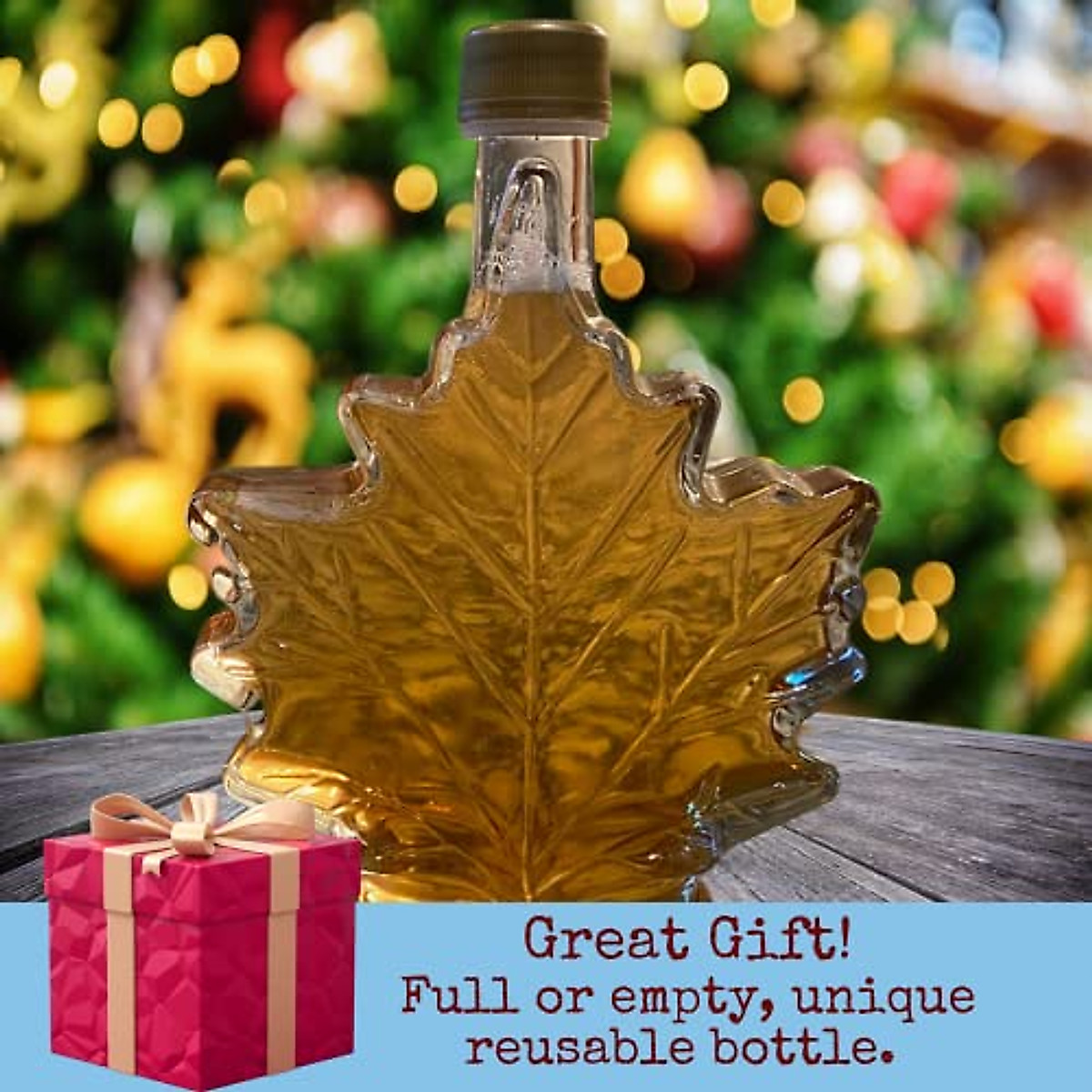 Maple Tapper Glass Maple Syrup Bottles Jars (Set of 3) with (6) Self-Sealing Caps – Reusable Leaf Shaped, Food Grade Canning Bottles 250 ml, 8.4 oz for Sugarmaking & 5 Recipe Cards, Instructions
