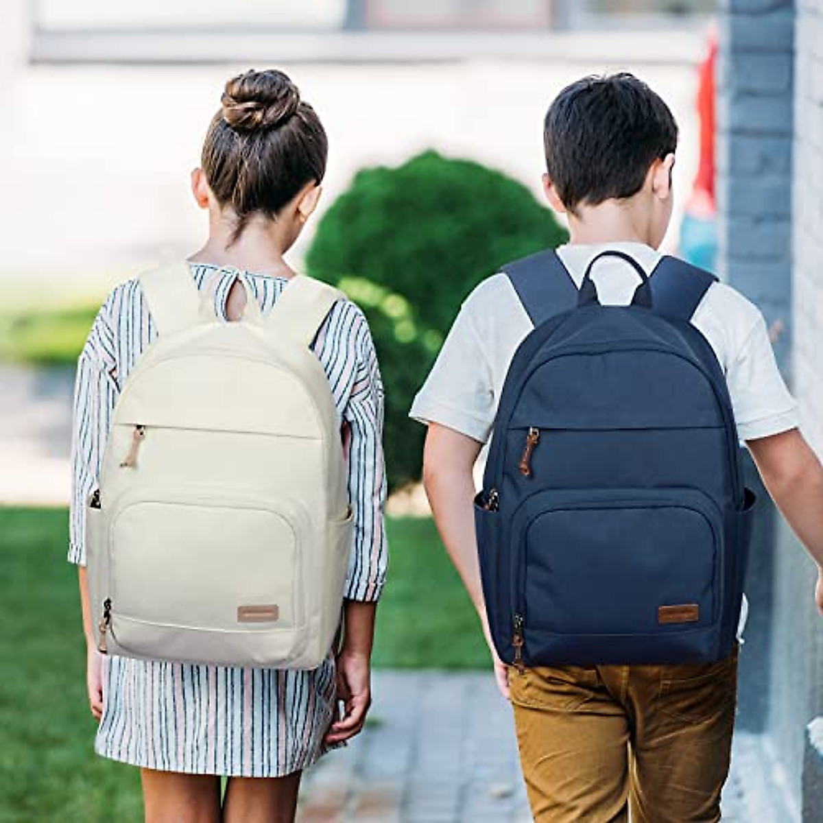 mommore School Backpack for Boys Girls 6-8 Years Old Lightweight Kids Bookbags Casual Daypack with Luggage Strap, Beige