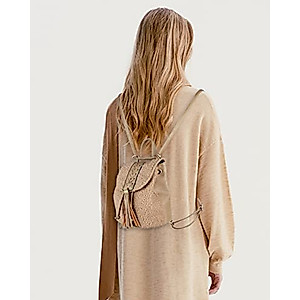 Hoce Women Girls Mini Lamb Wool Backpack PU Leather Drawstring Backpack Solid Color Casual Travel Mini Daypack with Tassel