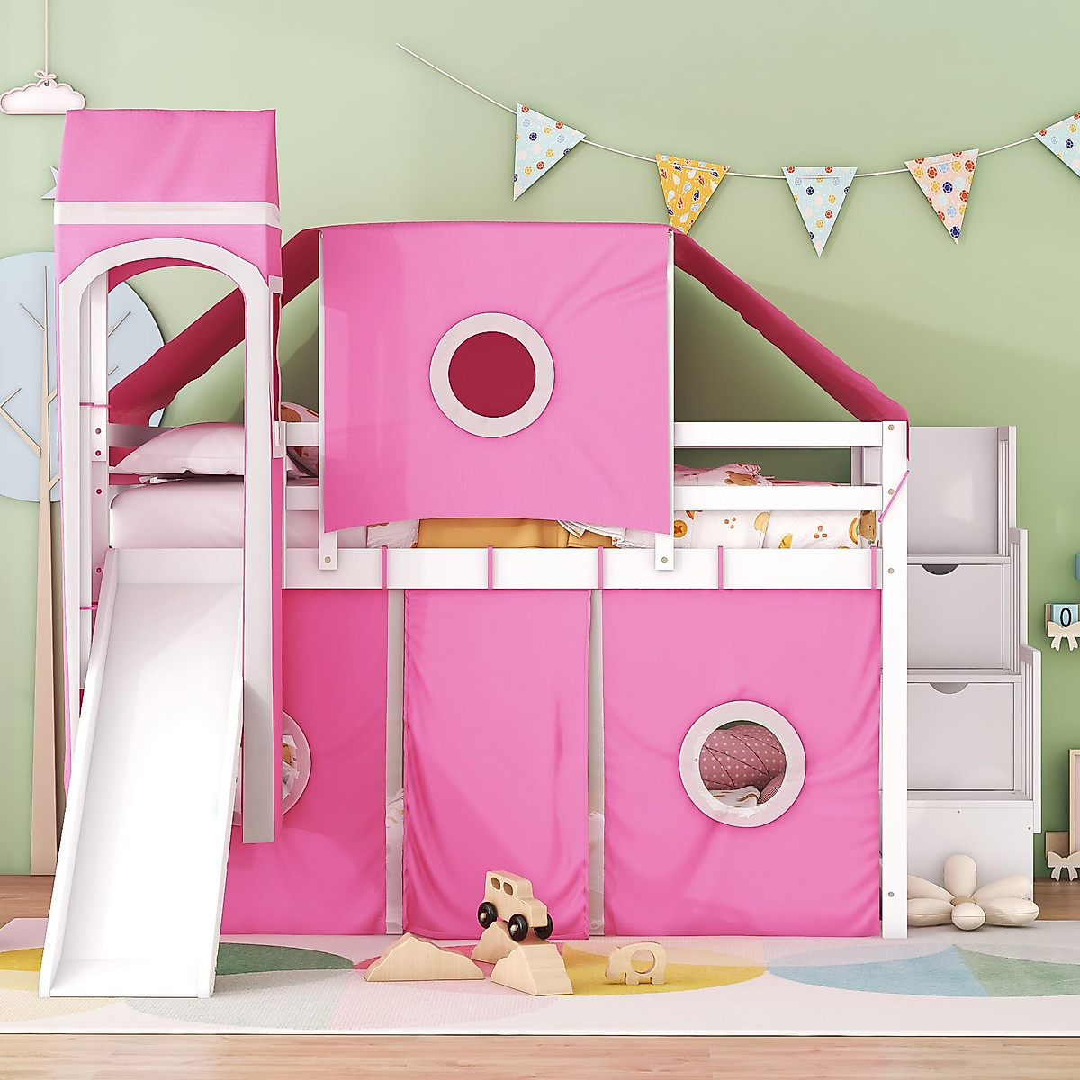 Merax Low Loft Bed Full Size with Slide and Storage Stairs, Wood Loft Bed with Tent & Tower, for Boys & Girls, Pink