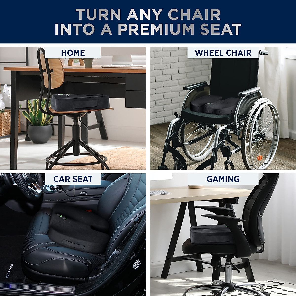 Seat Cushion for Office Chair – Memory Foam Tailbone Pillow Pad for Sitting, Computer, Desk, Chair, Car – Contoured Posture Corrector for Sciatica, Coccyx Back Pain Relief (Black)