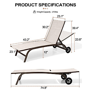Crestlive Products Aluminum Chaise Lounge Chairs with Wheels Outdoor Adjustable Recliner Five-Position and Full Flat All Weather for Patio, Beach, Yard, Pool (2PCS Beige)