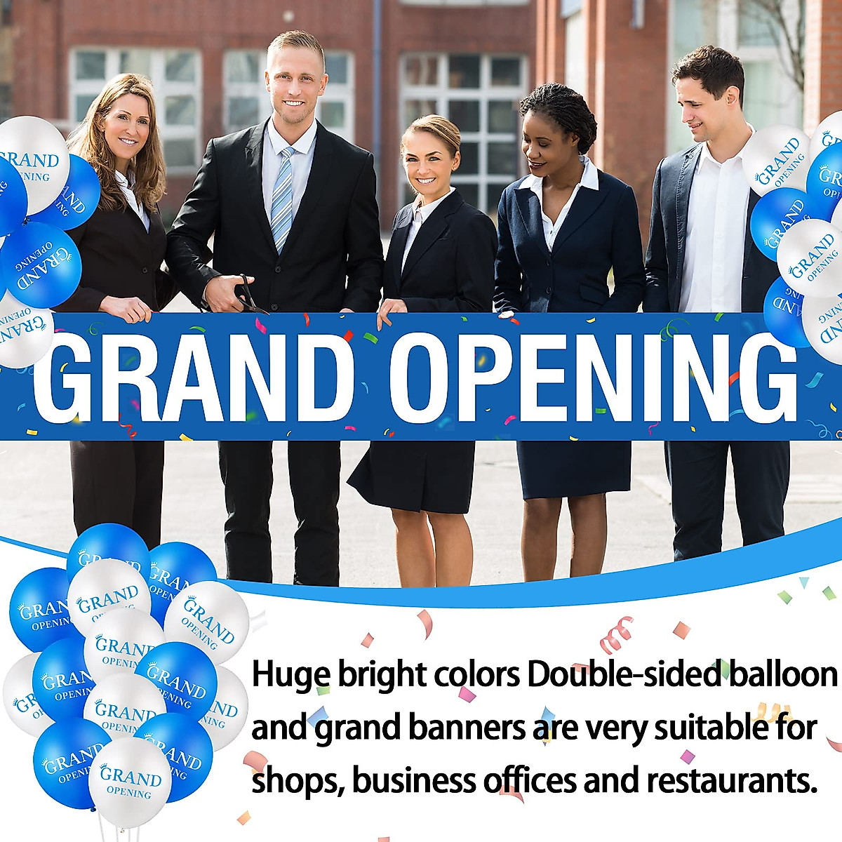 Large Grand Opening Banner 30 Pieces Latex Grand Opening Balloons Grand Opening Decorations 12 Inches Latex Balloons 18 x 118 Inches Retail Store Shop Business Restaurant Banners Flag (Blue, White)