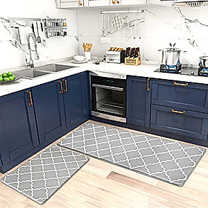 EARTHALL Kitchen Mat [2 PCS] Cushioned Anti-Fatigue Floor Mat, Waterproof Non-Slip Grey Trellis Kitchen Rug Runner Ergonomic Comfort Standing Mat for Kitchen, Home, Office, Sink, Laundry, Desk