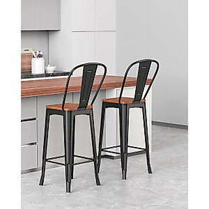 Aiho Bar Stools 30” Dining Chairs Outdoor Patio Bistro Set of 2 Metal Height Bar Stools with Wood Seat and Removable Backrest, Gloss Black
