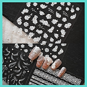 CESTSIREN 3 Sheets White Nail Art Stickers 5D Embossed Flower Lace Ribbon Nail Decals for Nail Art Design Pearl Nail Accessories for Women Nail Art Supplies
