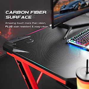Homall Gaming Desk Computer Desk Gaming Table Z Shaped Pc Gaming Workstation Home Office Desk with Carbon Fiber Surface Cup Holder and Headphone Hook (Red, 44 Inch)