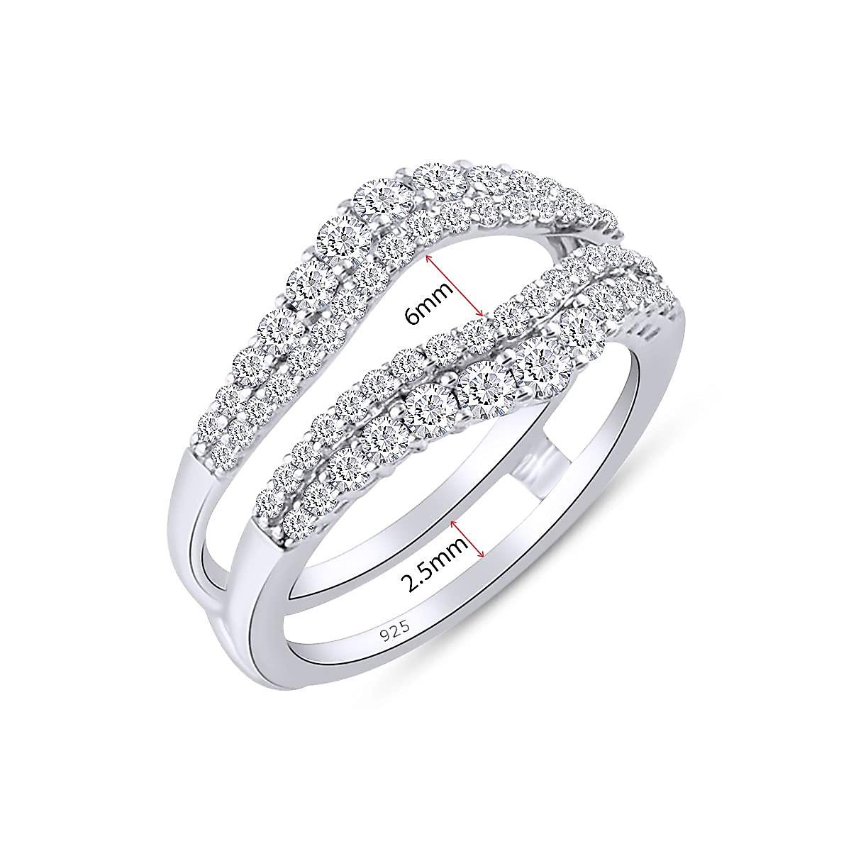 AFFY 1 Ct. Round Double Row Pave Set Curved Enhancer Guard Bridal Wedding Engagement Ring In 14K White Gold Over Sterling Silver With Cubic Zirconia, Gift For Her Ring Size -8