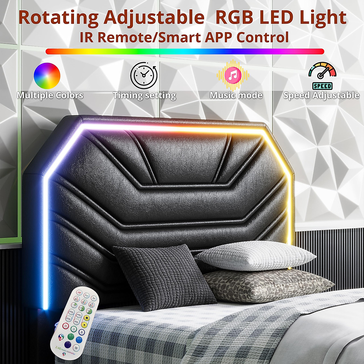 LIKIMIO Twin Bed Frames with Lighted Headboard, Upholstered Modern Cama Twin Platform Bed with Heavy Duty Supports, No Box Spring Need, Noise Free, Easy Assembly, Black