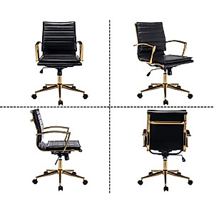 Shunzhi Leather Desk Chair with Armrest PU Leather Office Midback Adjustable Home Computer Executive Swivel Conference Task Managers Chair with Chrome Base, Black and Gold