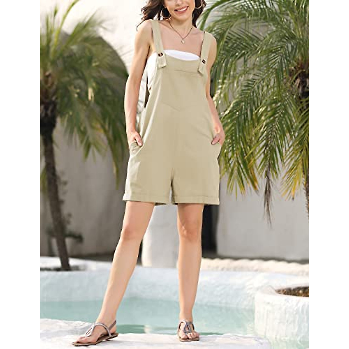 SCUSTY Women's Casual Loose Cotton Linen Shortalls Adjustable Straps Overall Shorts Jumpsuits Rompers(Beige-M)