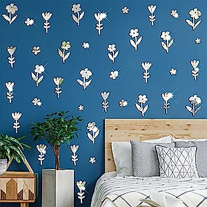 3D Flower Mirror Wall Sticker Floral Wall Stickers for Girls Bedroom Removable Silver Acrylic Mirror Wall Stickers Peel and Stick Wall Decals Art Mural for Living Room Bathroom Classroom Decor