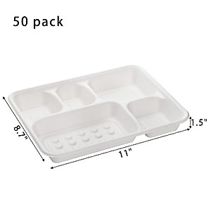Hacaroa 50 Pack 5-Compartment Compostable Paper Plates, Natural Disposable Bagasse Plates School Lunch Trays, Rectangular Divided Plates for Party, Picnic, Eco-Friendly, Biodegradable, White