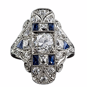 Aimys Vintage Rhodium Plated Cubic Zirconia CZ Statement Art Deco Milgrain Cocktail Fashion Right Hand Ring Women Sapphire Gems Wedding Engagement Jewelry Size 9