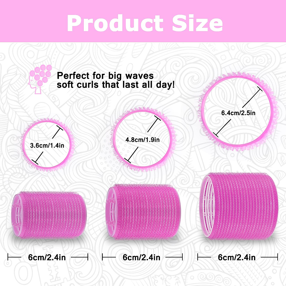 Self grip hair roller set,18 pcs,Hair rollers with hair roller clips and comb,Salon hairdressing curlers,DIY Hair Styles, Sungenol 3 Sizes Rose red Hair Rollers in 1 set