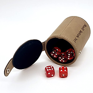 Leatherette Personalized Set of Dice Cup with Storage Compartment Customized PU Leather Dice Cup with 5 Red Dice Custom Gift (Light Brown)