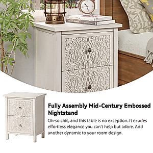 COZAYH Farmhouse Fully-Assembled Nightstand with 2-Drawer, Flower Motif End Table for Small Spaces, French Country, Modern, Distressed Finish, White-Washed