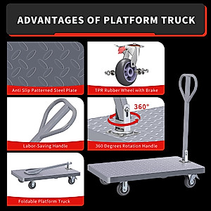 Heavy Duty Platform Truck Flat Cart,Steel Push Cart Dolly with 2200 LBS Capacity,Flatbed Cart with 360 Degree Swivel Handle,Metal Platform Cart for Material Handling (36"x24")