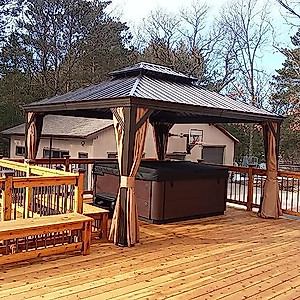 PURPLE LEAF 12' X 14' Outdoor Hardtop Gazebo Permanent Outside Heavy Duty Sun Shade Deck Canopy for Patio All Weather Aluminum Metal Roof Backyard Pavilion with Netting and Curtains