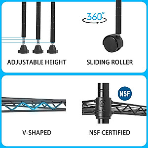 FDW 30" L×14" W×60" H Wire Shelving Unit Metal Shelf with 5 Tier Casters Adjustable Layer Rack Strong Steel for Restaurant Garage Pantry Kitchen Garage，Black