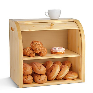 Bamboo Bread Box with Clear Front Window - Large Capacity Wooden Bread Storage Holder for Kitchen Counter - Double Layer Bread Storage Bin Holds 2 Loaves
