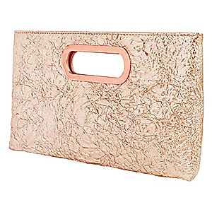 Crushed Metallic Top Handle Clutch, Rose Gold
