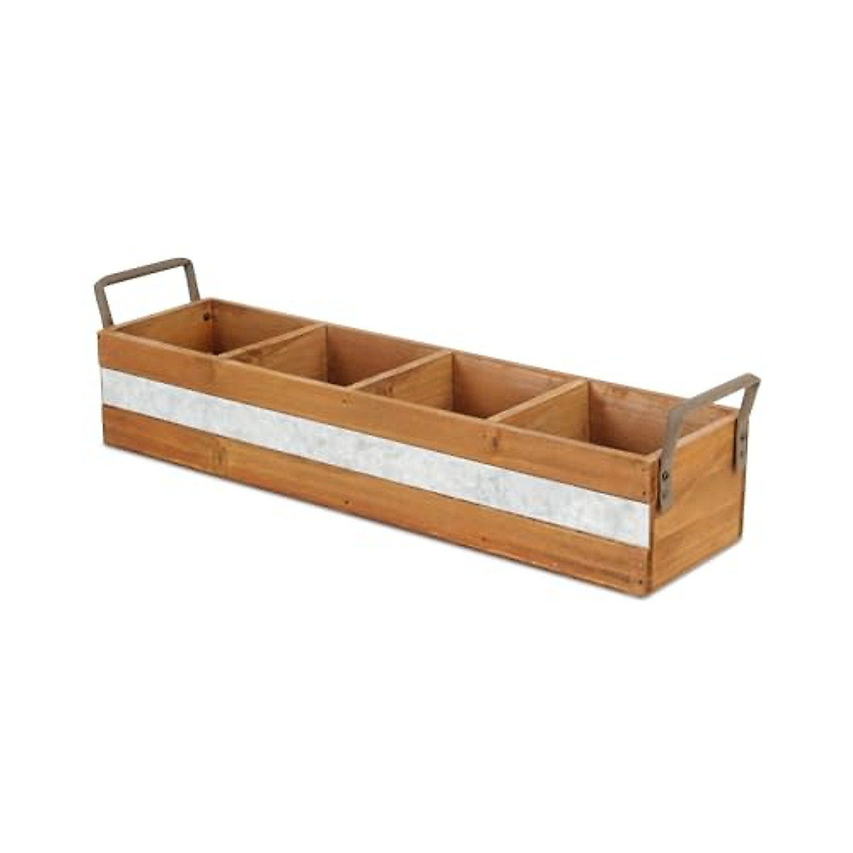 Cheung's FP-3879BR Dark Brown Wooden 4 Slot Storage Caddy with Side Metal Handles and Center Galvanized Accent