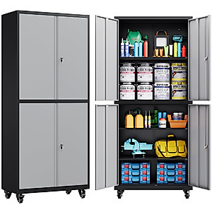 SISESOL Metal Storage Cabinet with Wheels,Rolling Garage Storage Cabinet with Lock,Gray Metal Cabinet with Shelves,Tool Cabinet,Tall Storage Cabinet on Wheels for Garage,Home,Office,Shop