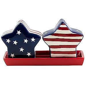 Patriotic 4th of July Stars & Stripes Salt and Pepper Shakers with a Tray