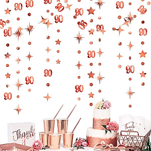 Rose Gold 90th Birthday Decorations Number 90 Circle Dot Twinkle Star Garland Metallic Hanging Streamer Bunting Banner Backdrop for Women Mens 90 Year Old Birthday Ninety Anniversary Party Supplies