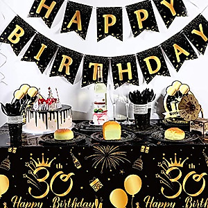 3 Pack 30th Happy Birthday Tablecloth Disposable Plastic 30th Birthday Table Cover Rectangular Black and Gold Table Cloths for Parties Decoration Supply for Men Women Birthday, 54 x 108 Inch(30th)